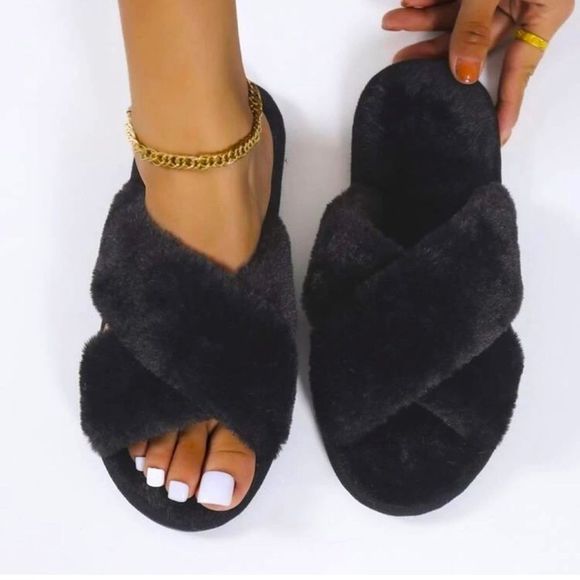 Private Label | Shoes | New Fuzzy Criss Cross Band Black Slide Slippers ...